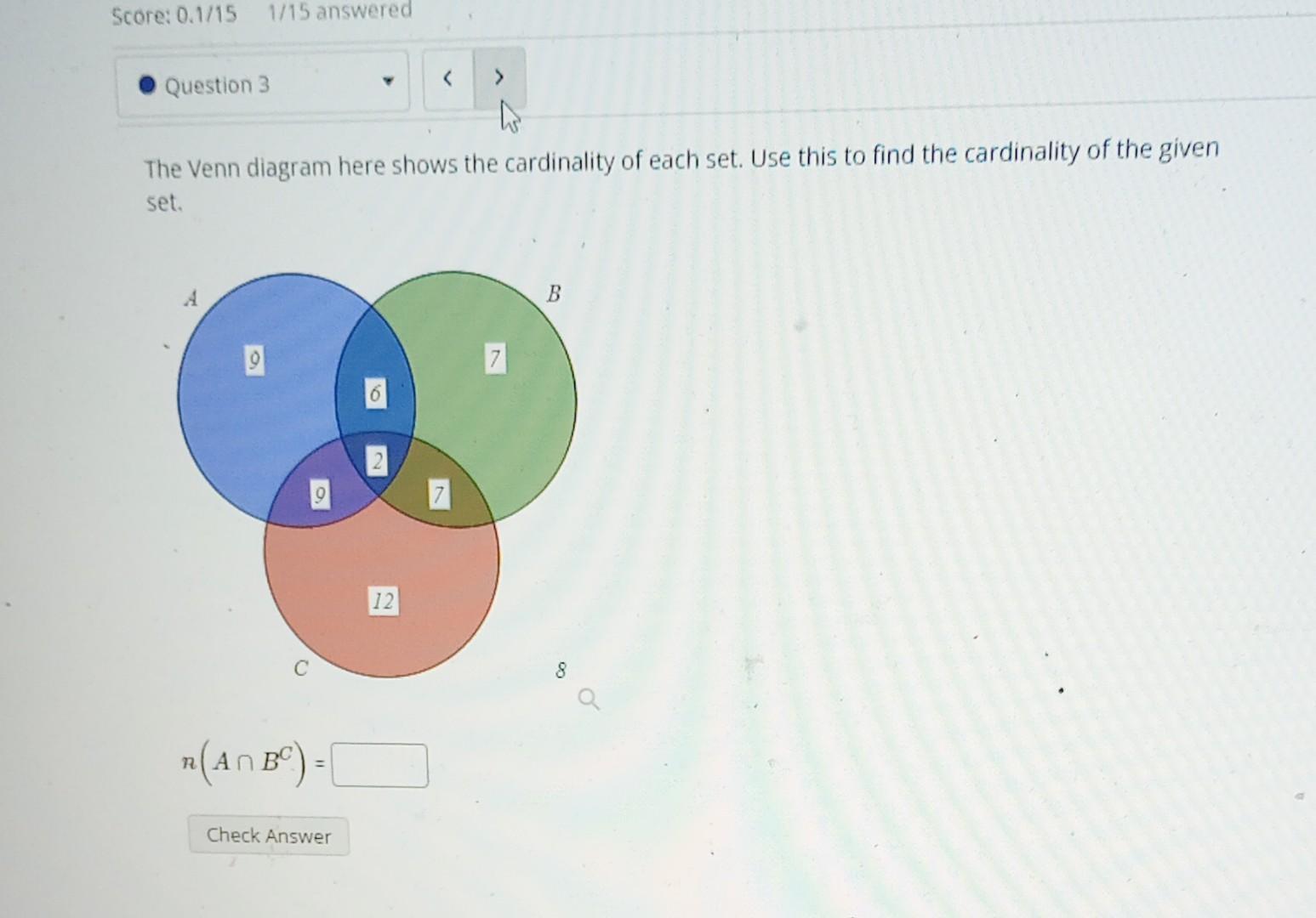 Solved The Venn diagram here shows the cardinality of each | Chegg.com