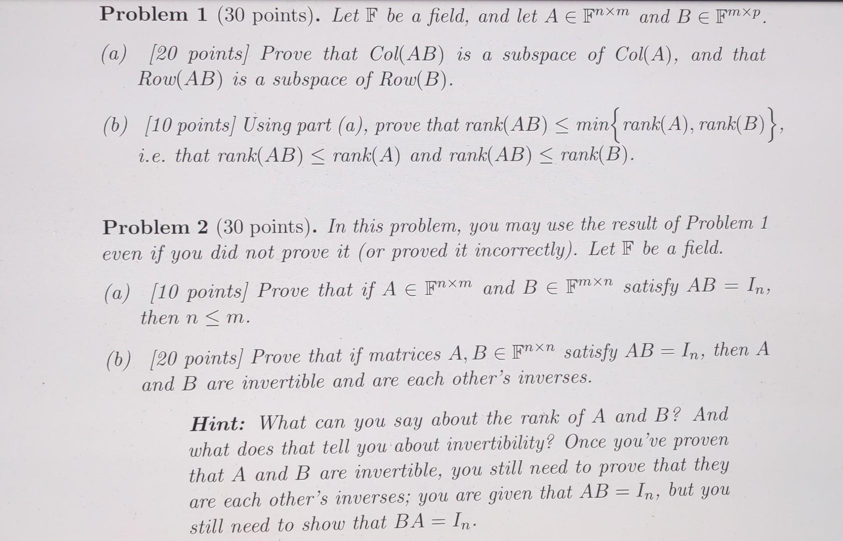 Solved Problem 1 (30 points). Let F be a field, and let | Chegg.com