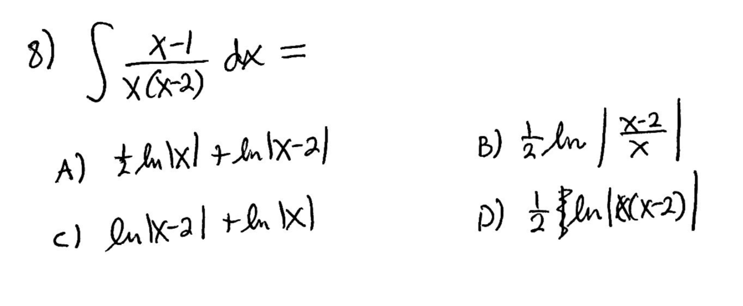 Solved ∫﻿﻿x-1x(x-2)dx=A) 12ln|x|+ln|x-2|B) 12ln|x-2x|c) ln|x | Chegg.com