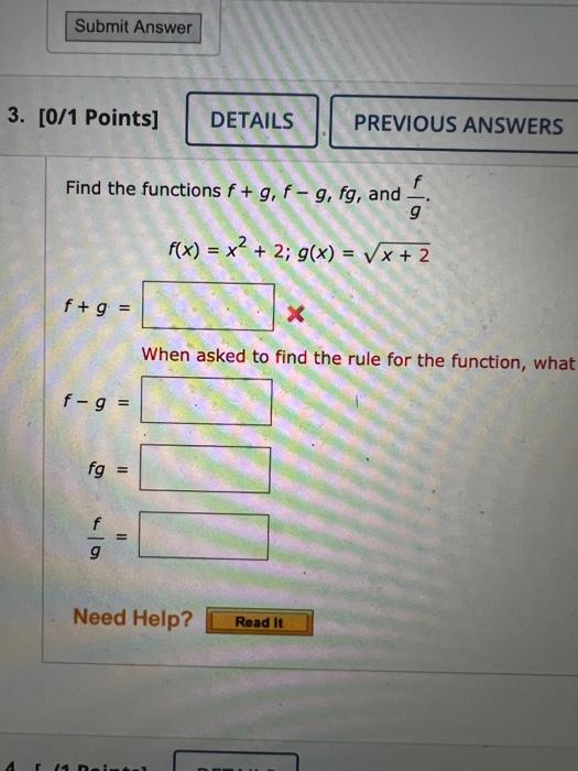Solved Find the functions f+g,f−g,fg, and gf. | Chegg.com