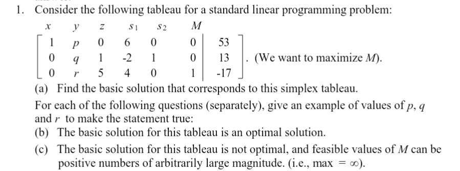 Solved Consider the following tableau for a standard linear | Chegg.com