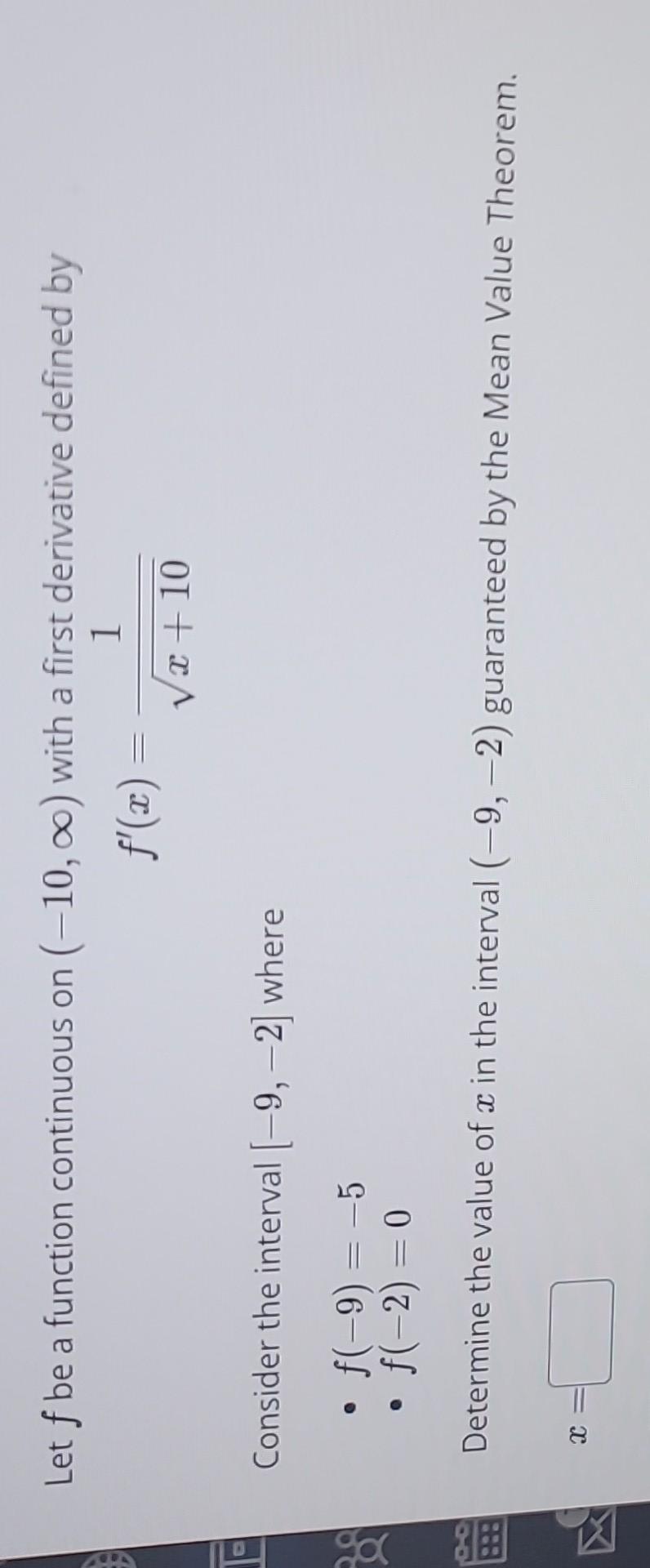 Solved Let f be a function continuous on (−10,∞) with a | Chegg.com