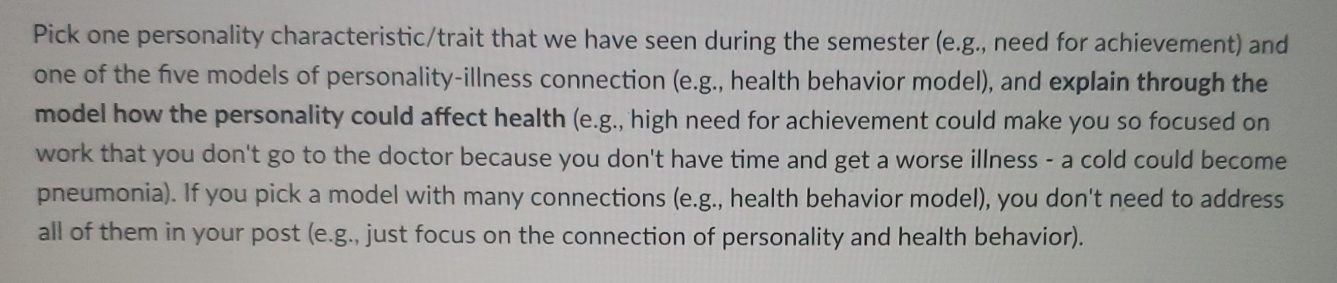 Solved Pick one personality characteristic/trait that we | Chegg.com