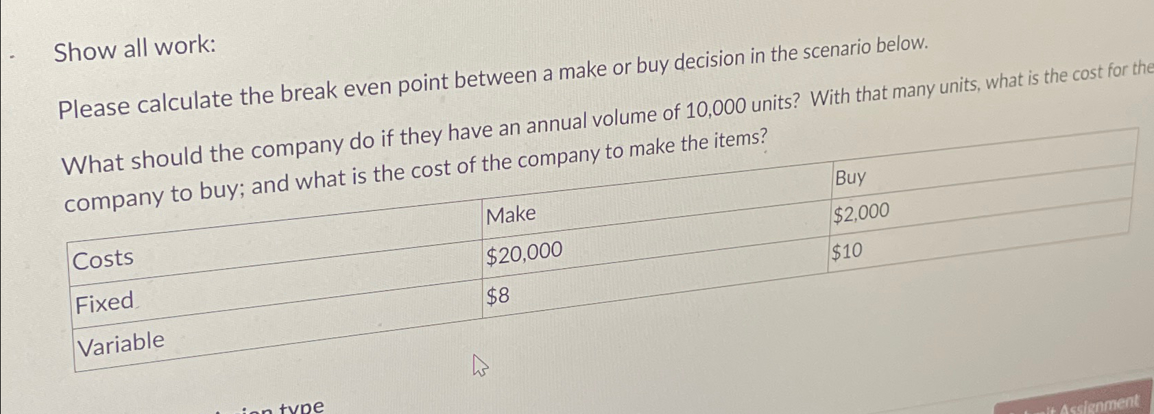 Solved Show all work:Please calculate the break even point | Chegg.com