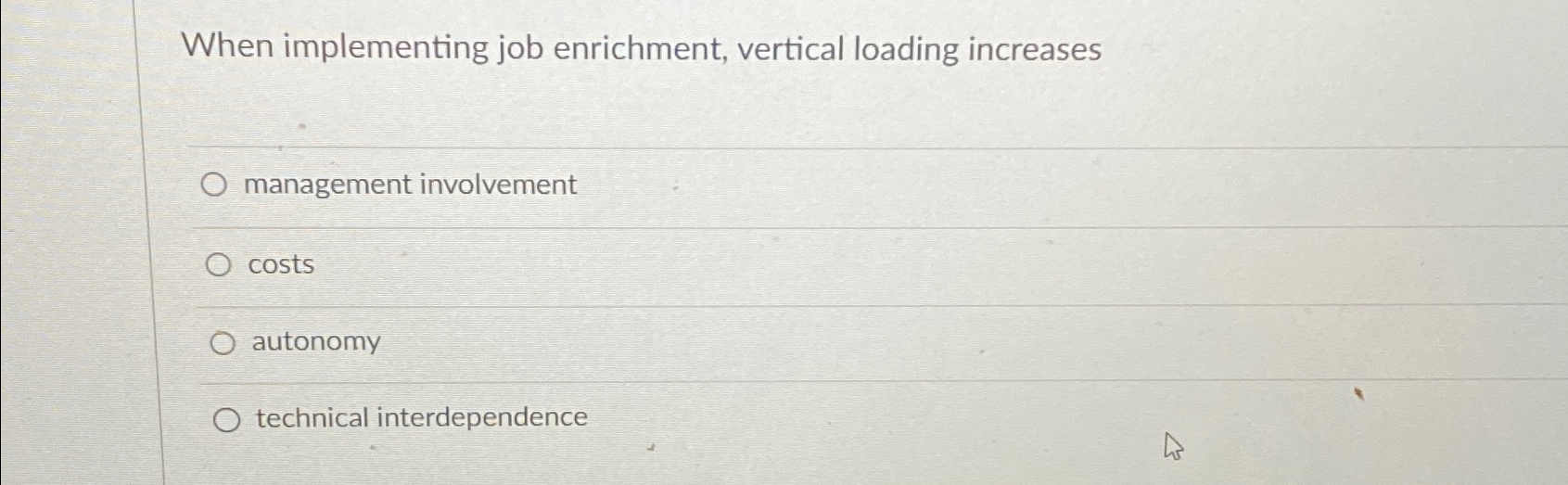 Solved When implementing job enrichment, vertical loading | Chegg.com