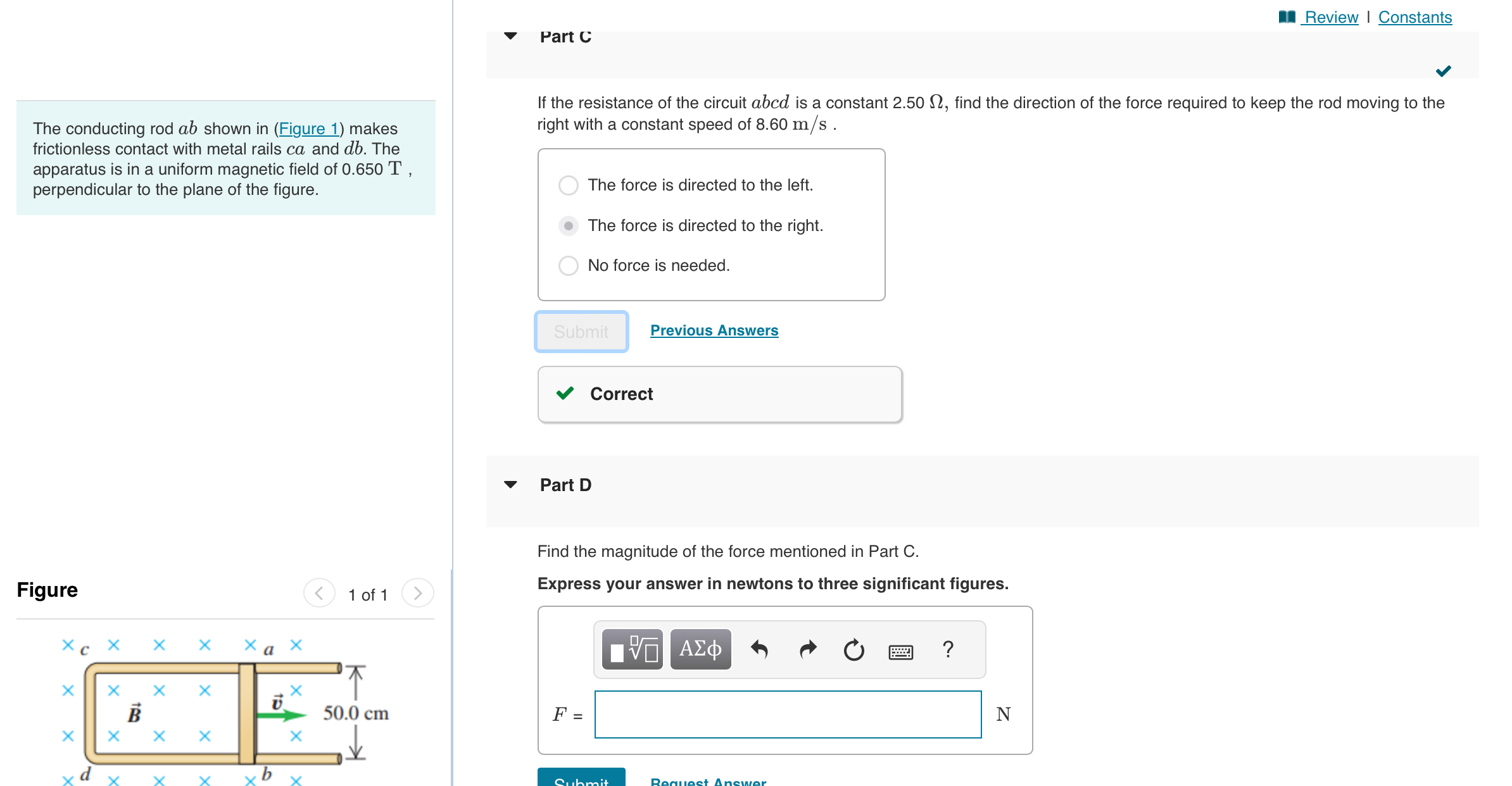 Solved Part CReview I ConstantsThe conducting rod ab ﻿shown | Chegg.com