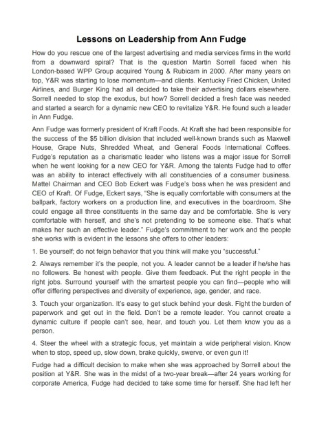Solved Lessons on Leadership from Ann Fudge How do you | Chegg.com