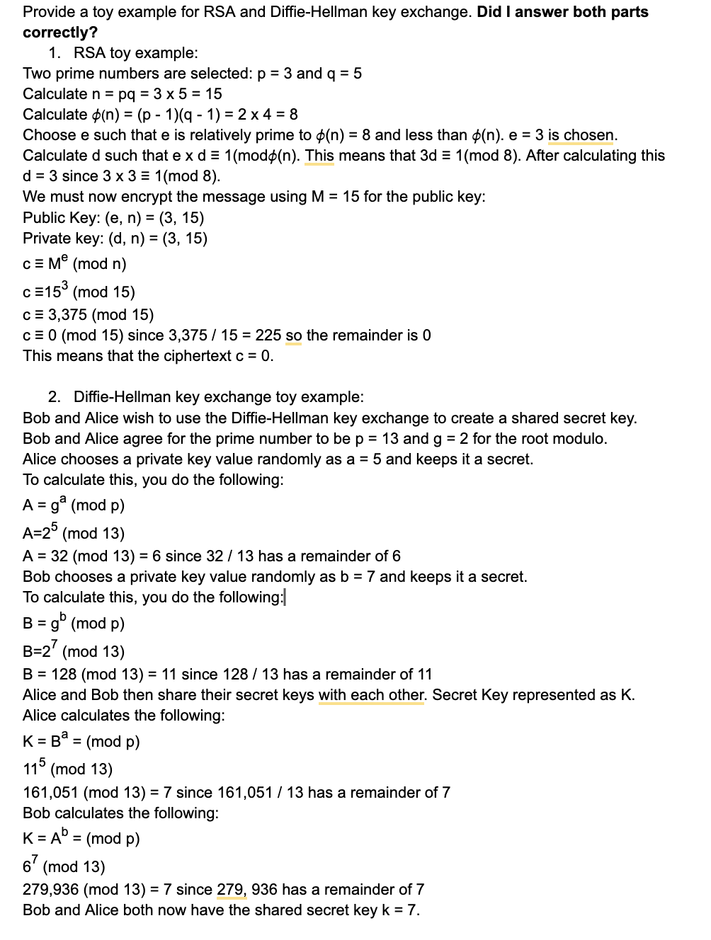 Solved Provide a toy example for RSA and Diffie-Hellman key | Chegg.com
