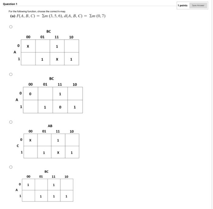 Solved For the following function, choose the correct k-map. | Chegg.com