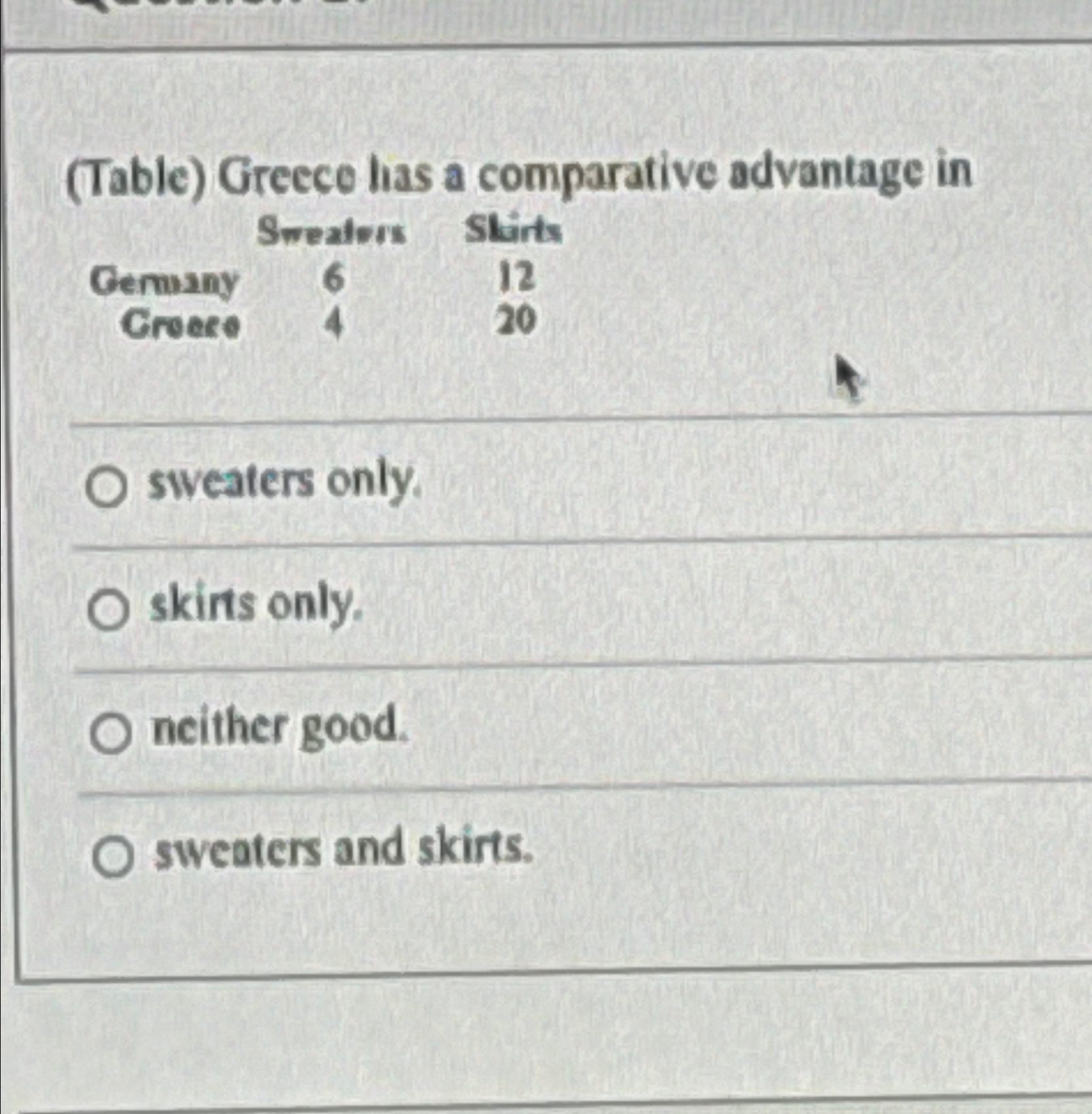 Solved (Table) ﻿Greeco has a comparative advantage | Chegg.com
