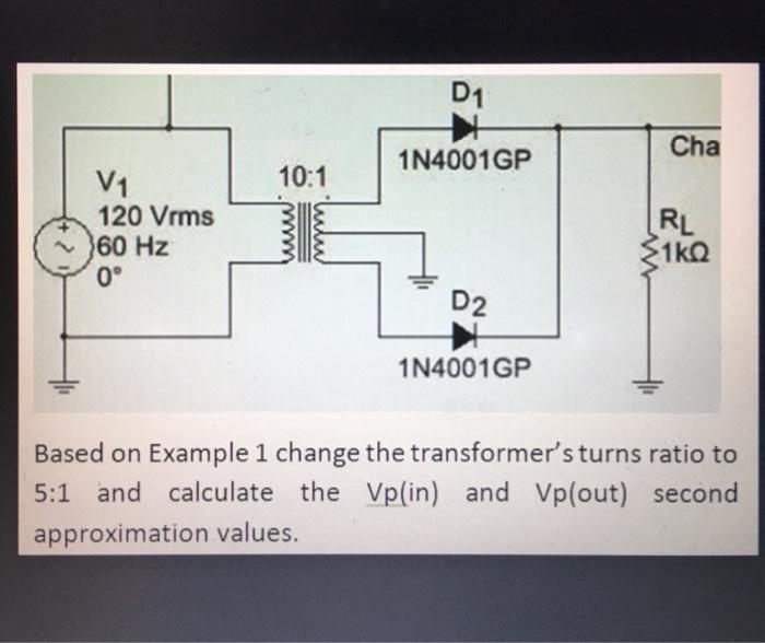 Solved D1 Cha 1N4001GP 10:1 V1 120 Vrms 60 Hz 0° RL 1kΩ D2 | Chegg.com