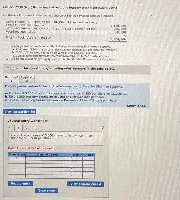 Solved Exercise 11-14 (Algo) Recording and reporting | Chegg.com