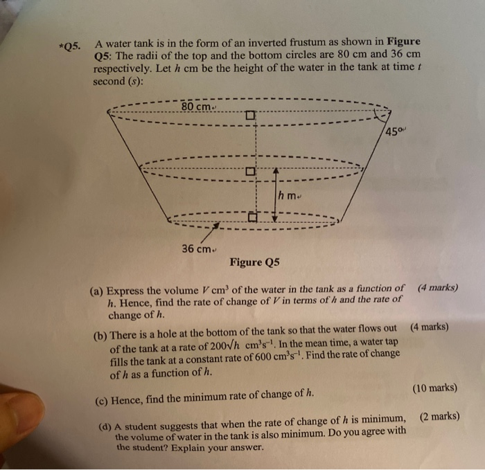 Solved *05. A water tank is in the form of an inverted | Chegg.com