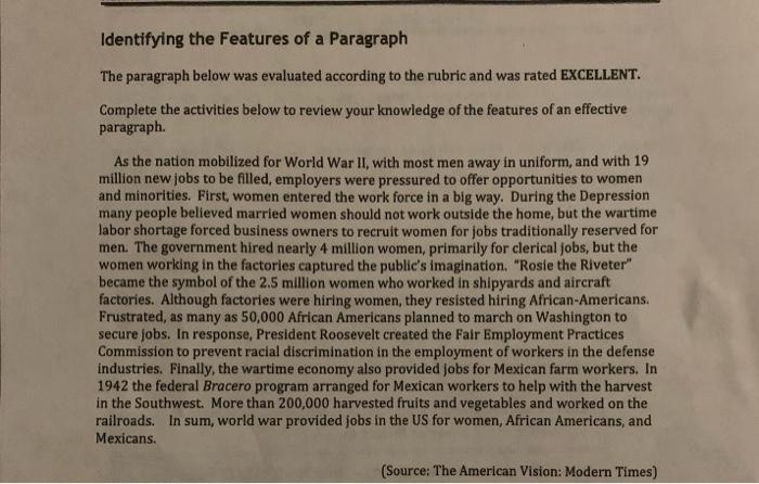 Identifying the Features of a Paragraph The paragraph | Chegg.com