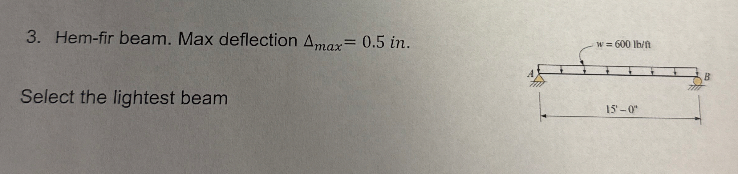 Solved by an EXPERT Hem-fir beam. Max deflection Δmax=0.5in.Select the | Chegg.com
