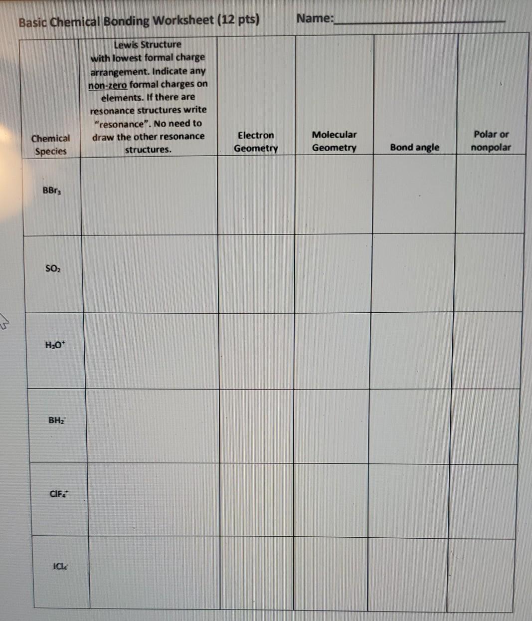 Solved Basic Chemical Bonding Worksheet (12 pts) Name: Lewis | Chegg.com