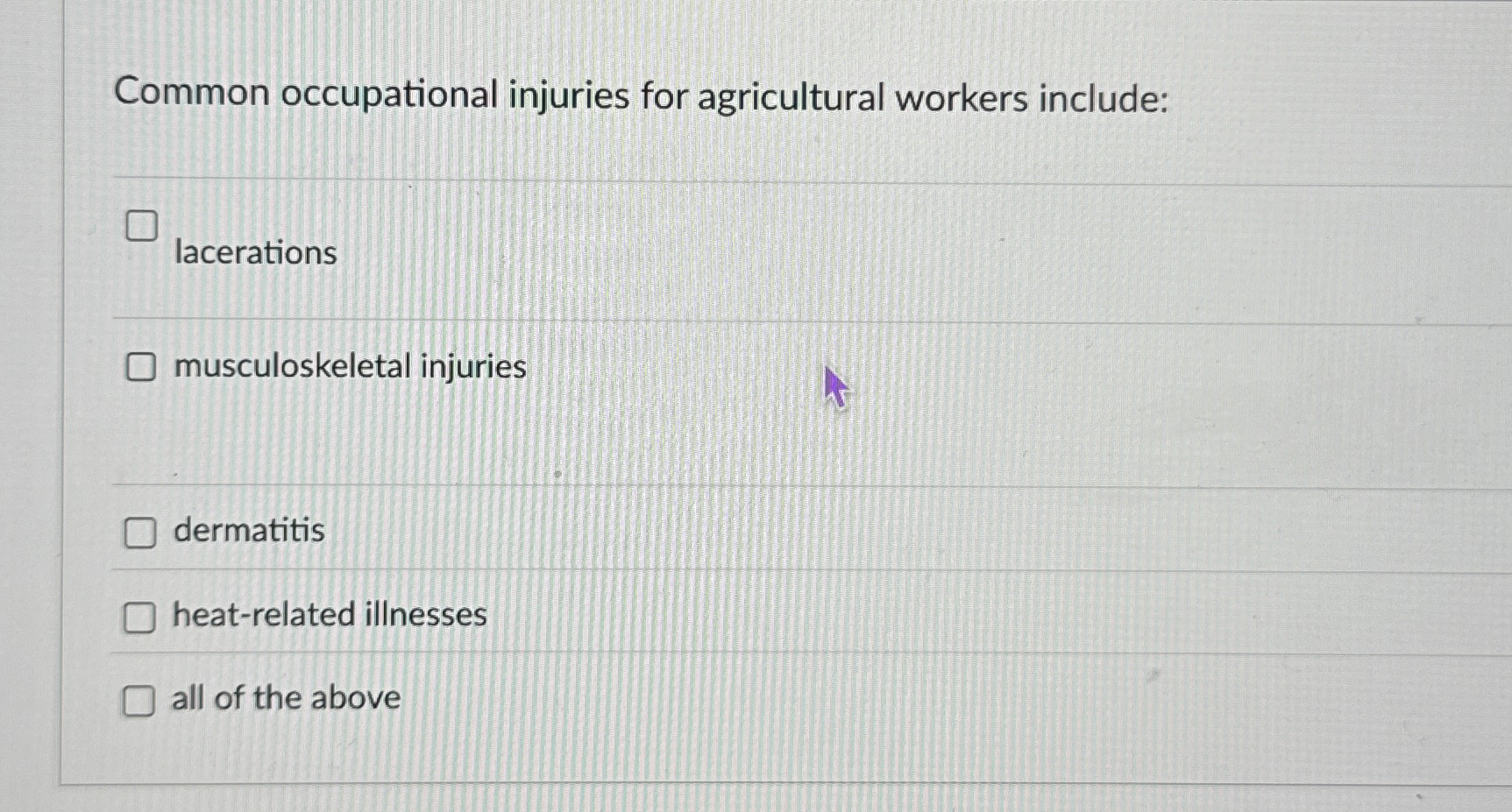 Solved Common occupational injuries for agricultural workers | Chegg.com