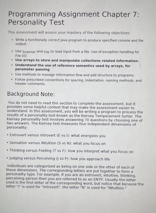Programming Assignment Chapter 7: Personality Test | Chegg.com