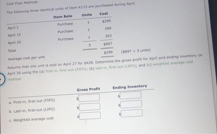 Solved Cost Flow Methods April 30 using the (a) first-in, | Chegg.com