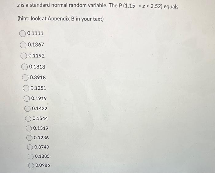 Solved z is a standard normal random variable. The P(1.15 | Chegg.com