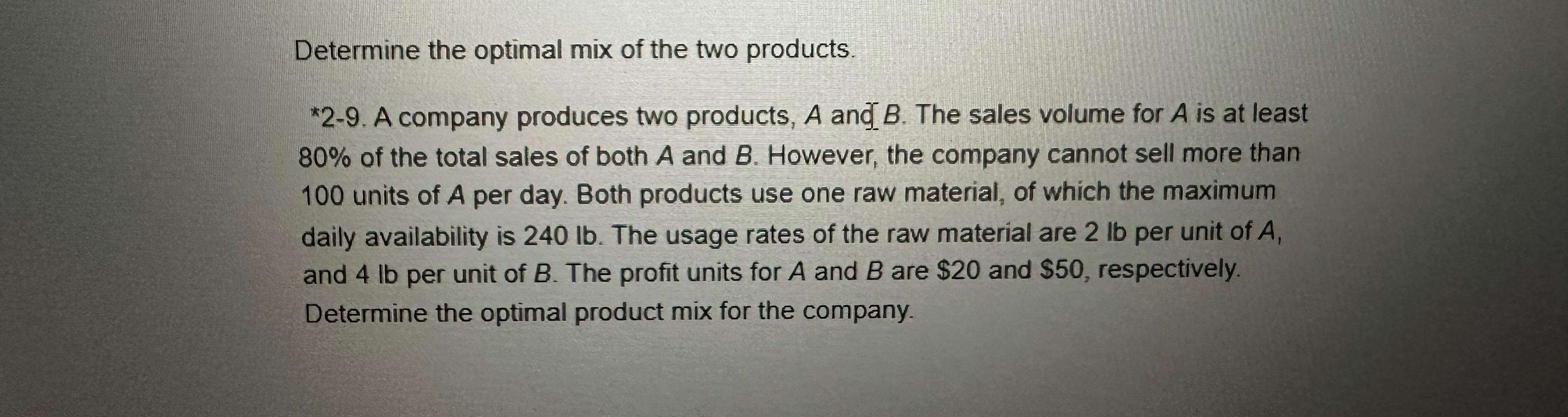 Solved Determine the optimal mix of the two products.*2-9. | Chegg.com