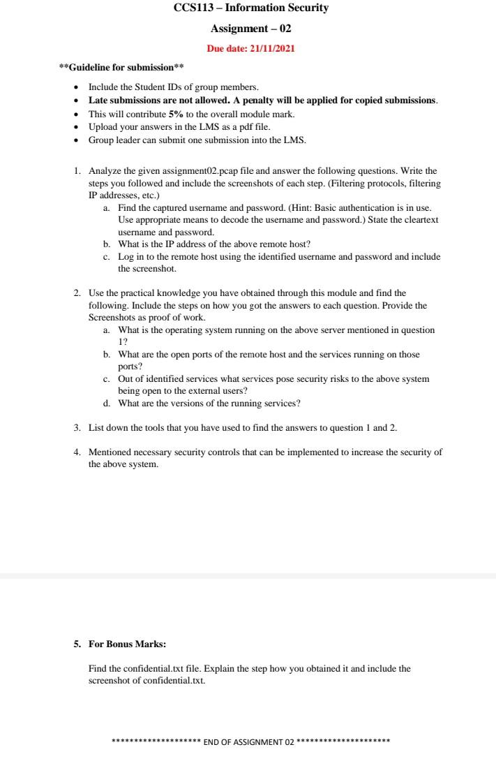 CCS113 - Information Security Assignment - 02 Due | Chegg.com