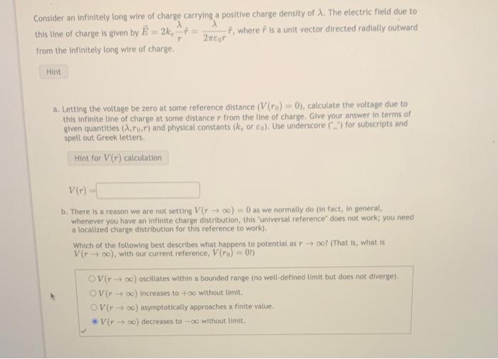 Solved Consider an infinitely long wire of charge carrying a | Chegg.com