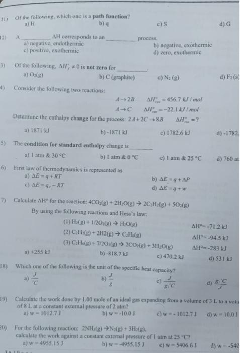 Solved 11) Of the following, which one is a path function? | Chegg.com