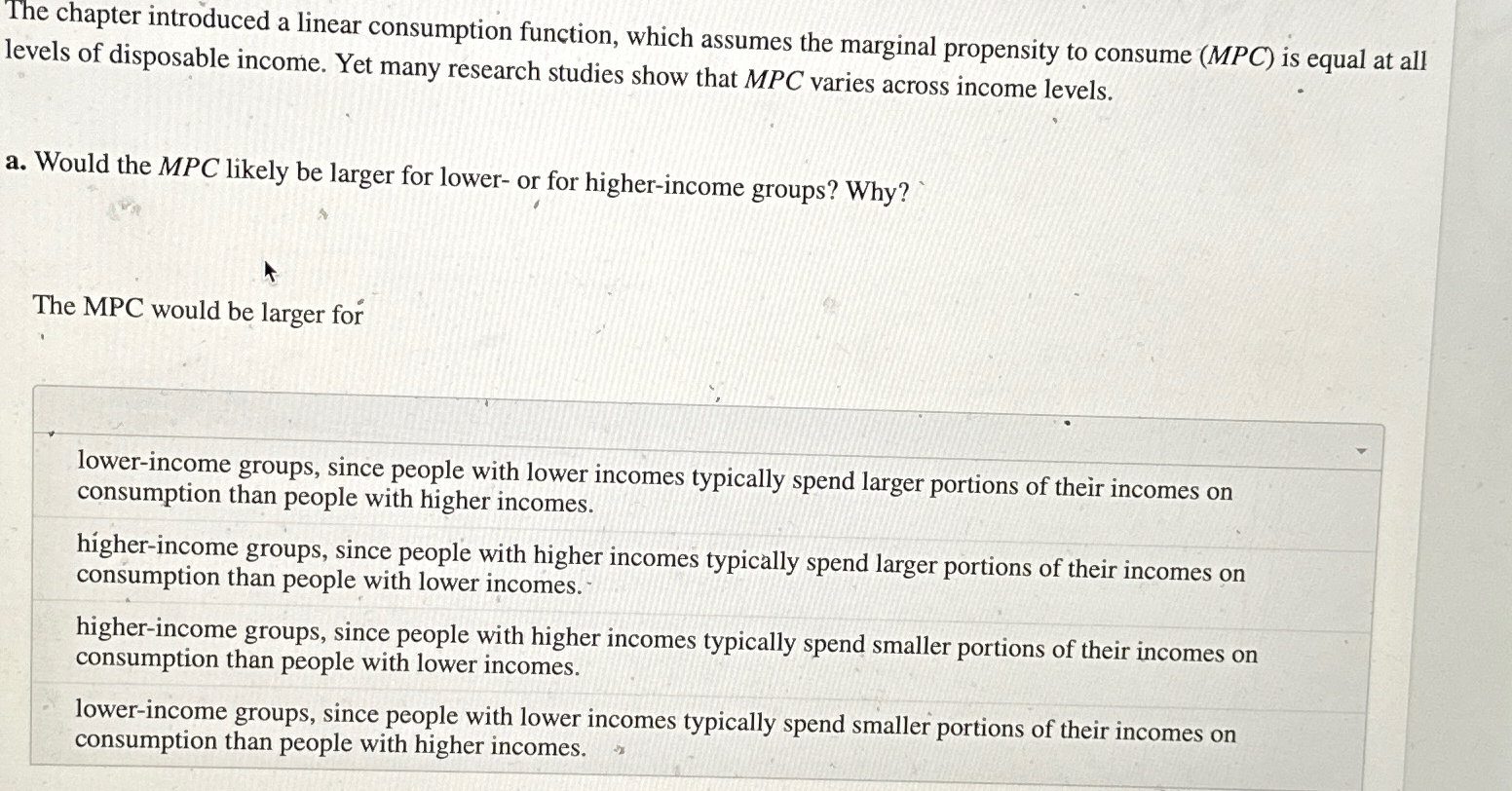 Solved The chapter introduced a linear consumption function, | Chegg.com