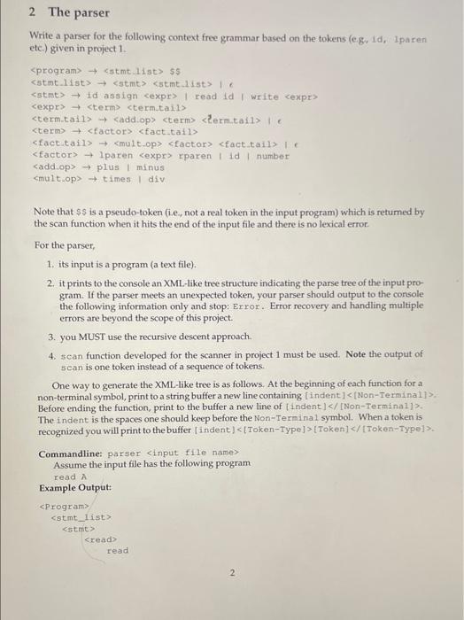 Solved 2 The parser Write a parser for the following context | Chegg.com