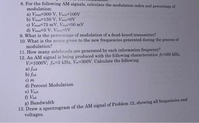 Solved 8. For the following AM signals, calculate the | Chegg.com