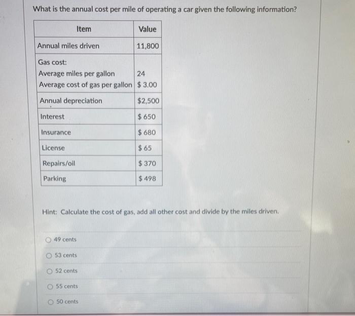 Solved What is the annual cost per mile of operating a car | Chegg.com
