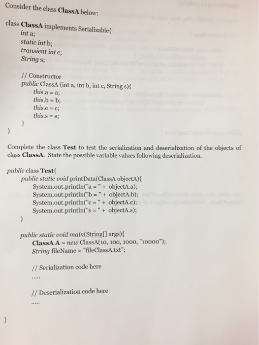Solved Consider The Class Classa Below Class Classa