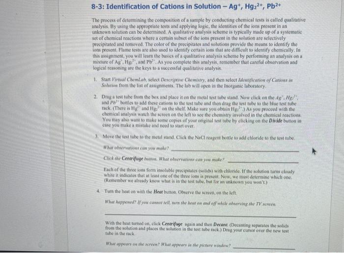 8-3: Identification of Cations in Solution - Ag*, | Chegg.com