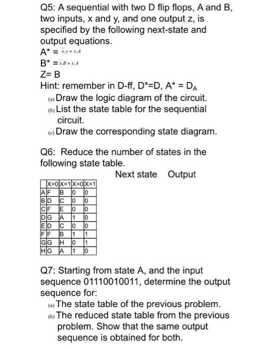 Solved Q5: A sequential with two D flip flops, A and B, two | Chegg.com