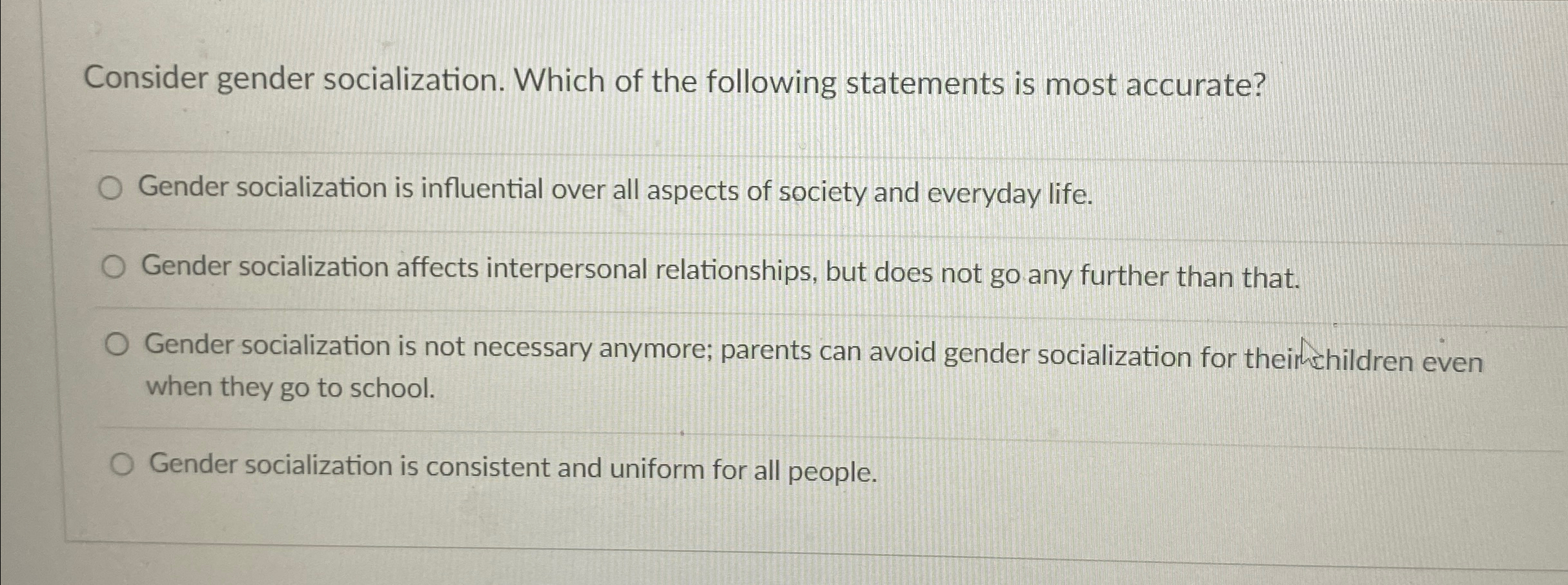 Solved Consider gender socialization. Which of the following | Chegg.com
