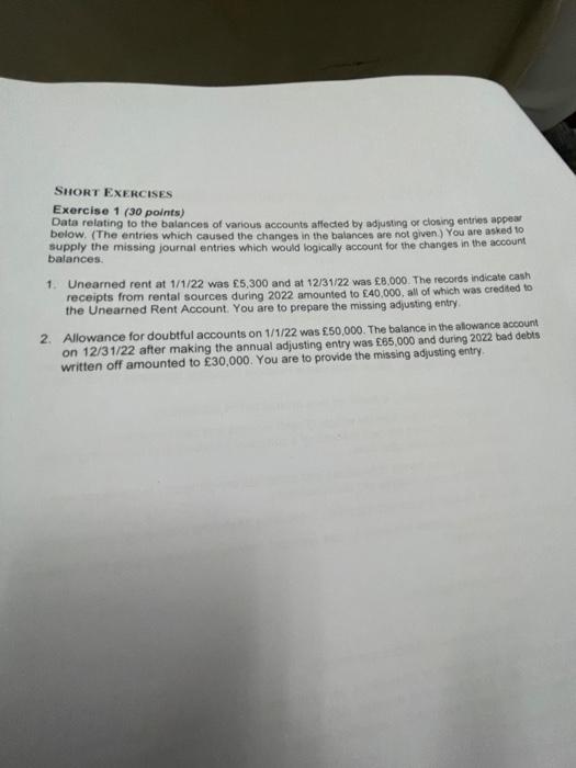 Solved SHORT EXERCISES Exercise 1 (30 points) Data relating | Chegg.com