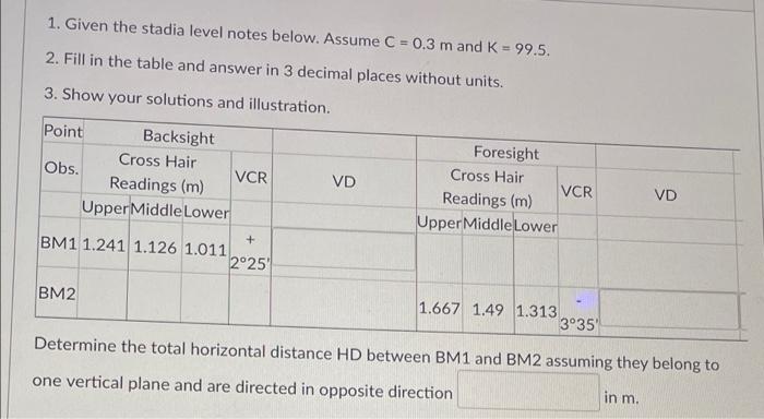 Solved 1. Given the stadia level notes below. Assume C = 0.3 | Chegg.com