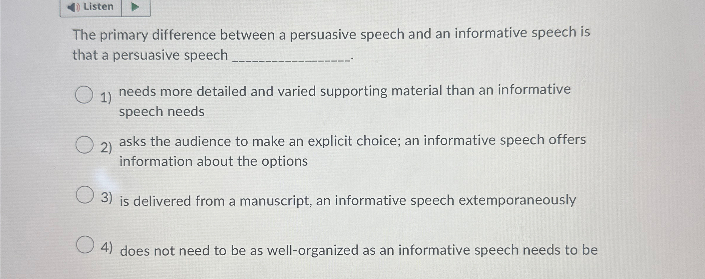 Solved The primary difference between a persuasive speech | Chegg.com