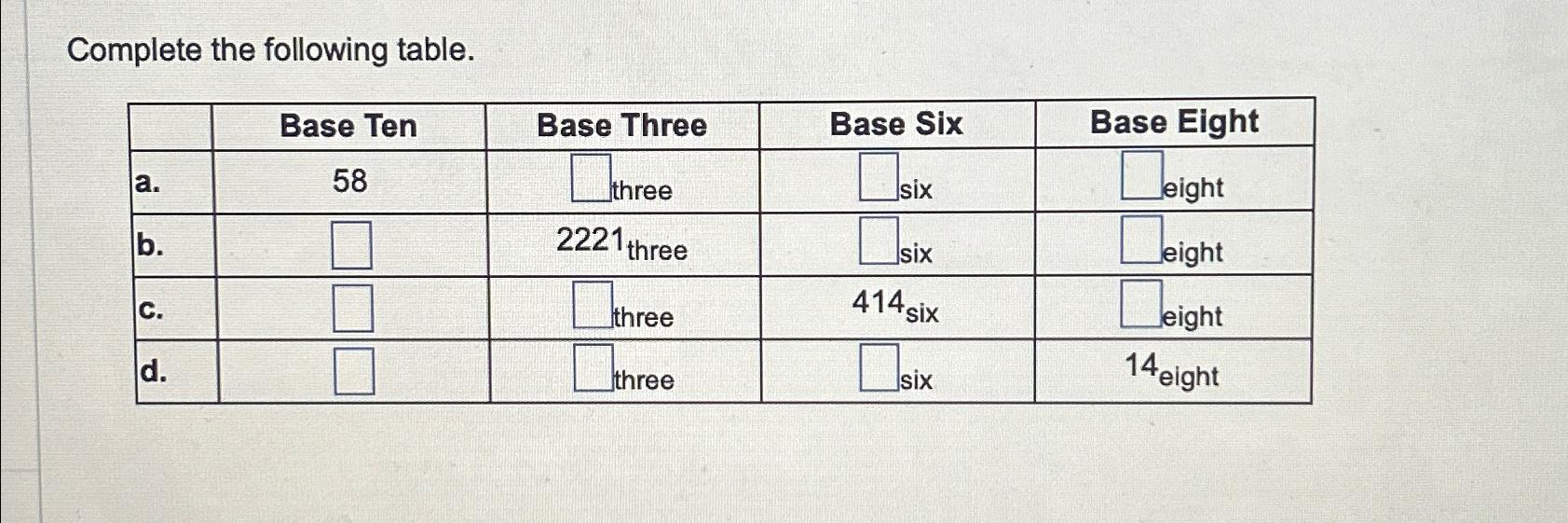 Solved Complete the following table.\table[[,Base Ten,Base | Chegg.com