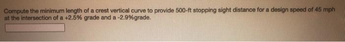 Solved Compute the minimum length of a crest vertical curve | Chegg.com