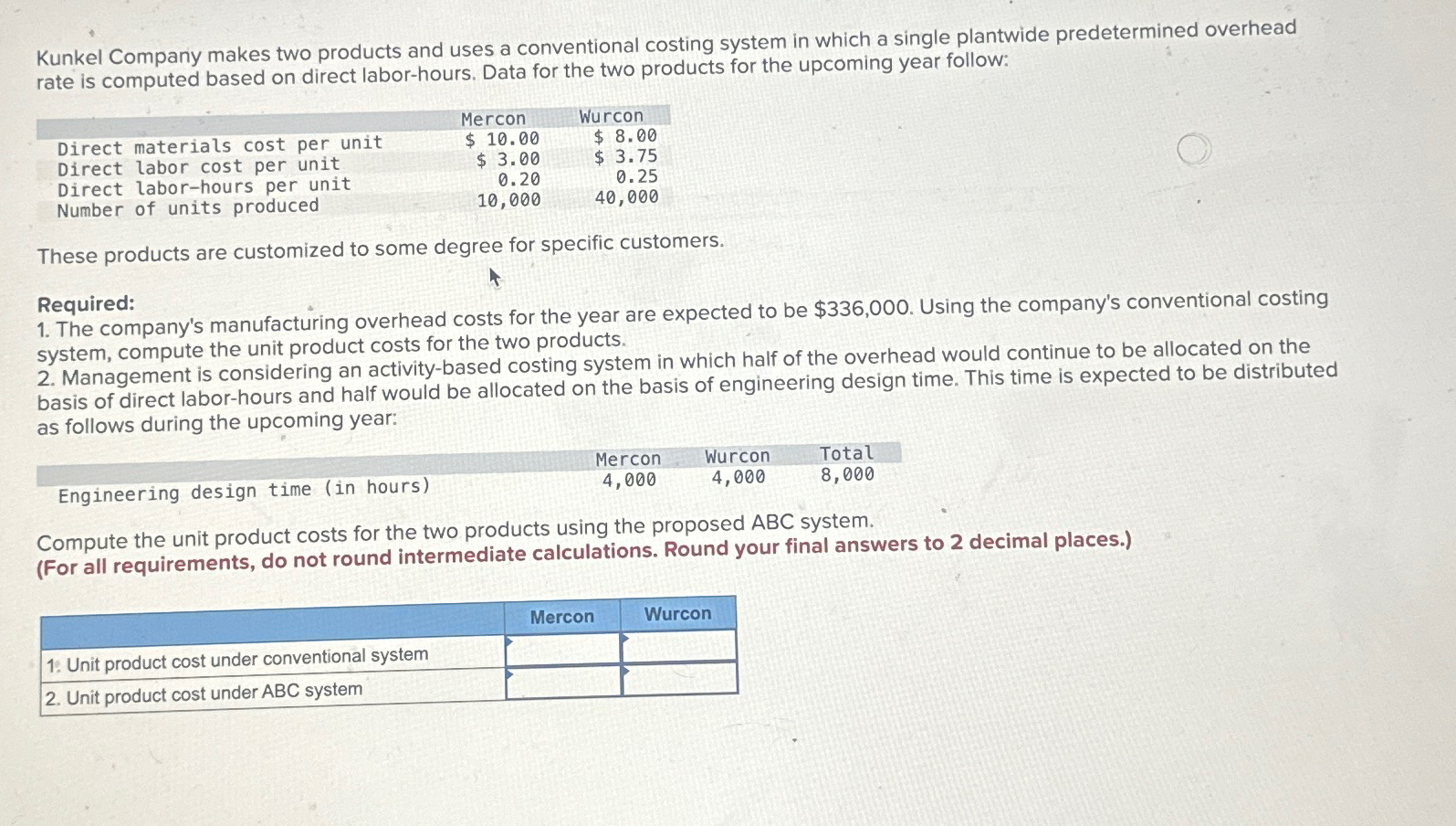 Solved Kunkel Company makes two products and uses a | Chegg.com