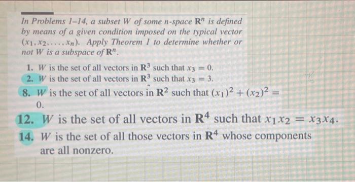 Solved In Problems 1-14, a subset W of some n-space Rn is | Chegg.com