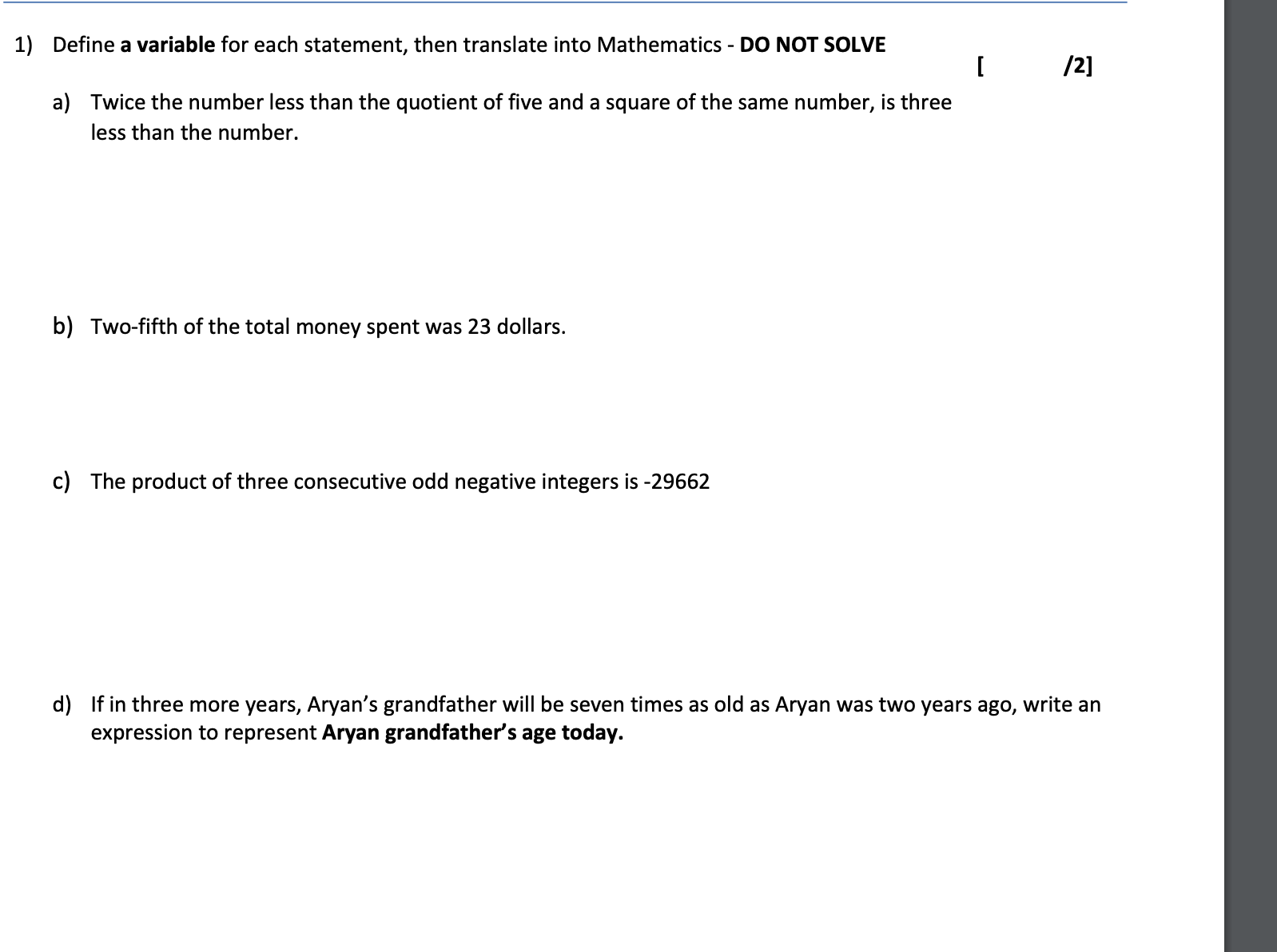 Solved Define a variable for each statement, then translate | Chegg.com