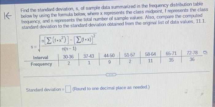 Solved Find the standard deviation, s, of sample data | Chegg.com
