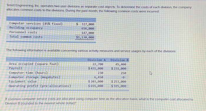 Solved Tenet Engineering. Inc. operates two user divisions | Chegg.com