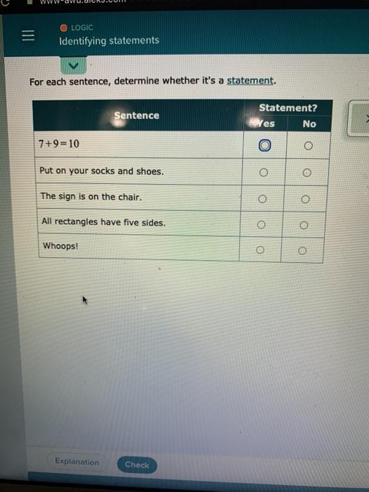 Solved @ LOGIC Identifying statements For each sentence, | Chegg.com