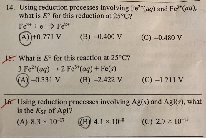 Solved 14. Using reduction processes involving Fe2+(aq) and | Chegg.com
