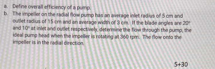 Solved a. Define overall efficiency of a pump. b. The | Chegg.com
