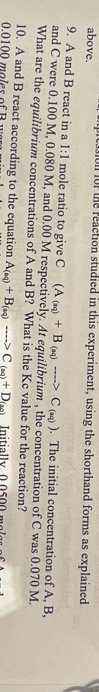 Solved bove.the reaction studied in this experiment, using | Chegg.com